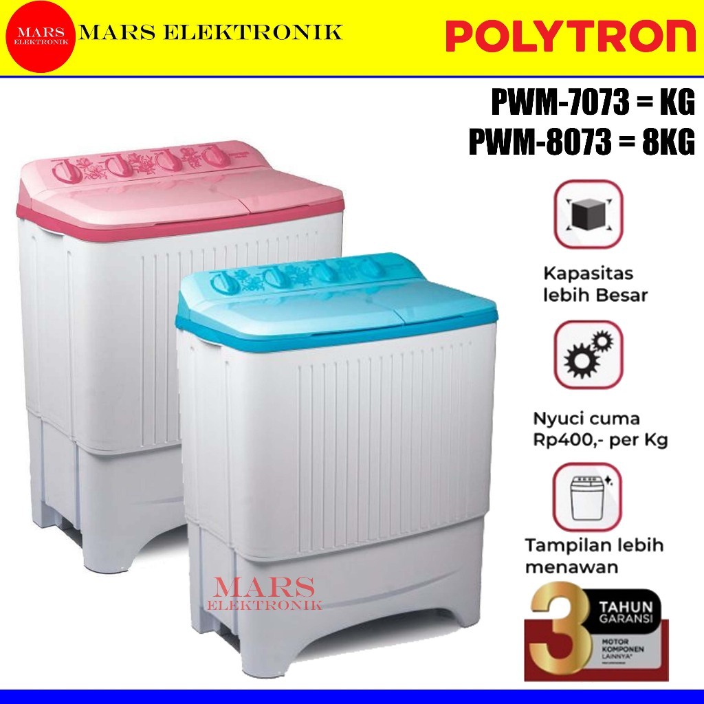 Jual MESIN CUCI POLYTRON PWM-7073 / PWM-8073 / 7KG / 8KG / 2 TABUNG ...