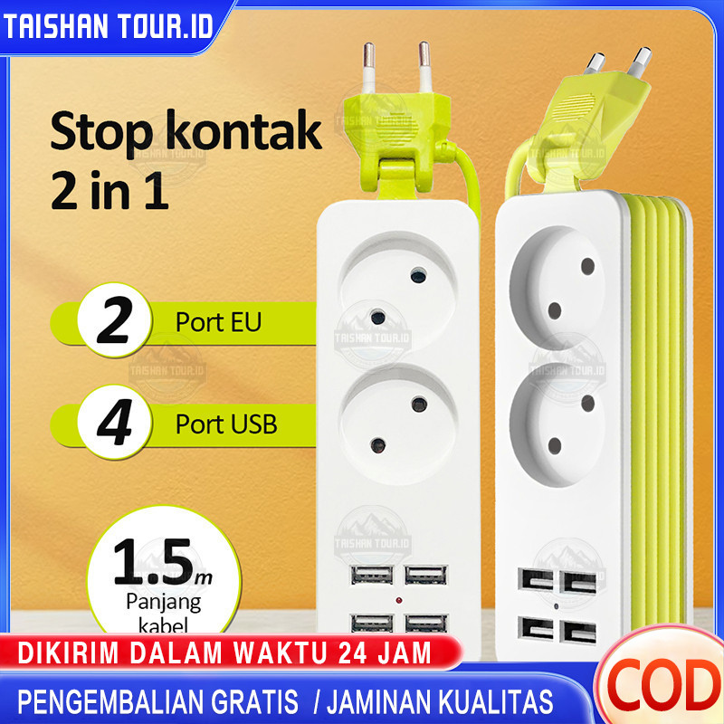 Jual Portable Stop Kontak Travel - 4 USB Port - Kabel 1,5 Meter Stop Kontak Traveling 2 Lubang ...