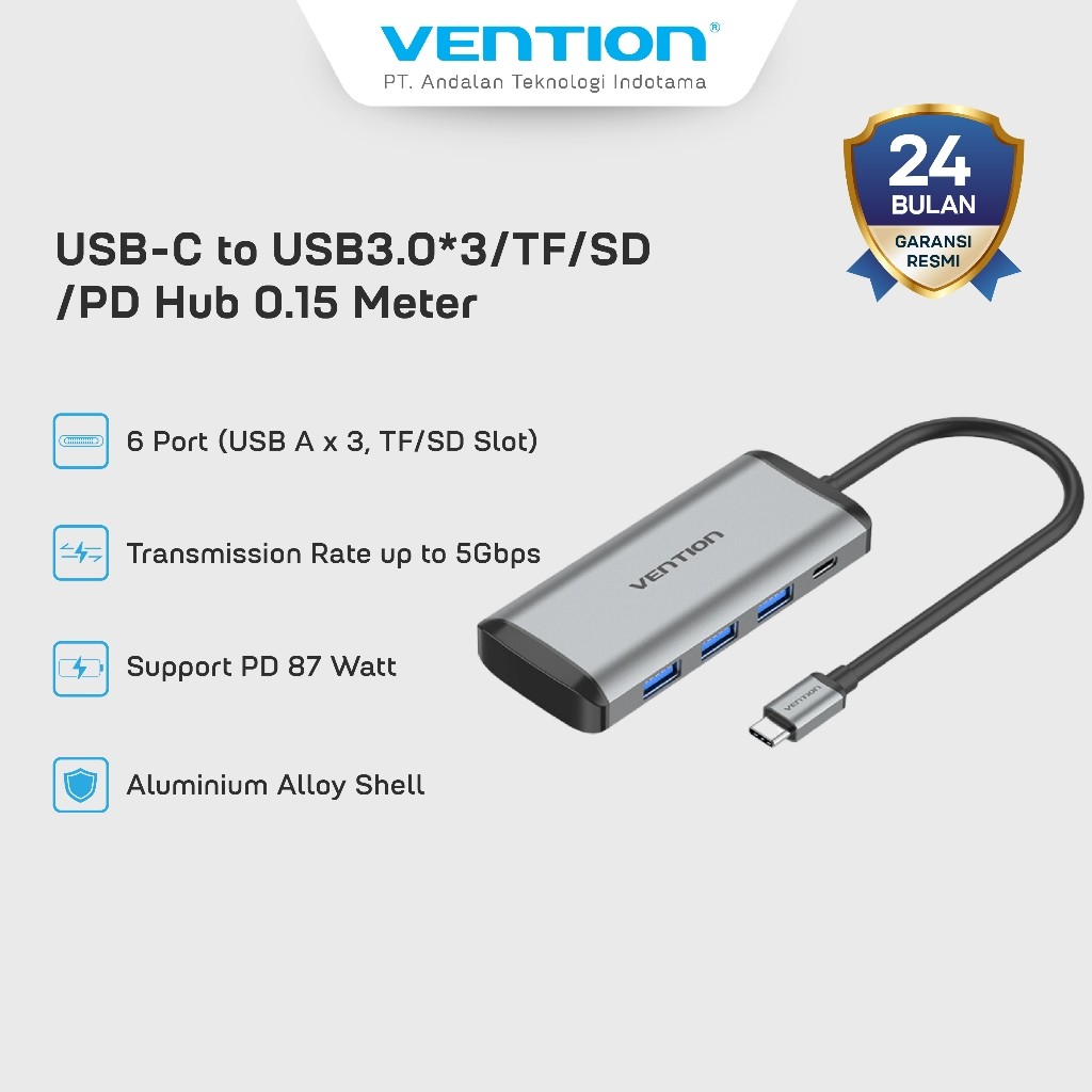 Jual Vention Hub Adapter 6in 1 USB Type C to USB A TF SD PD Power ...