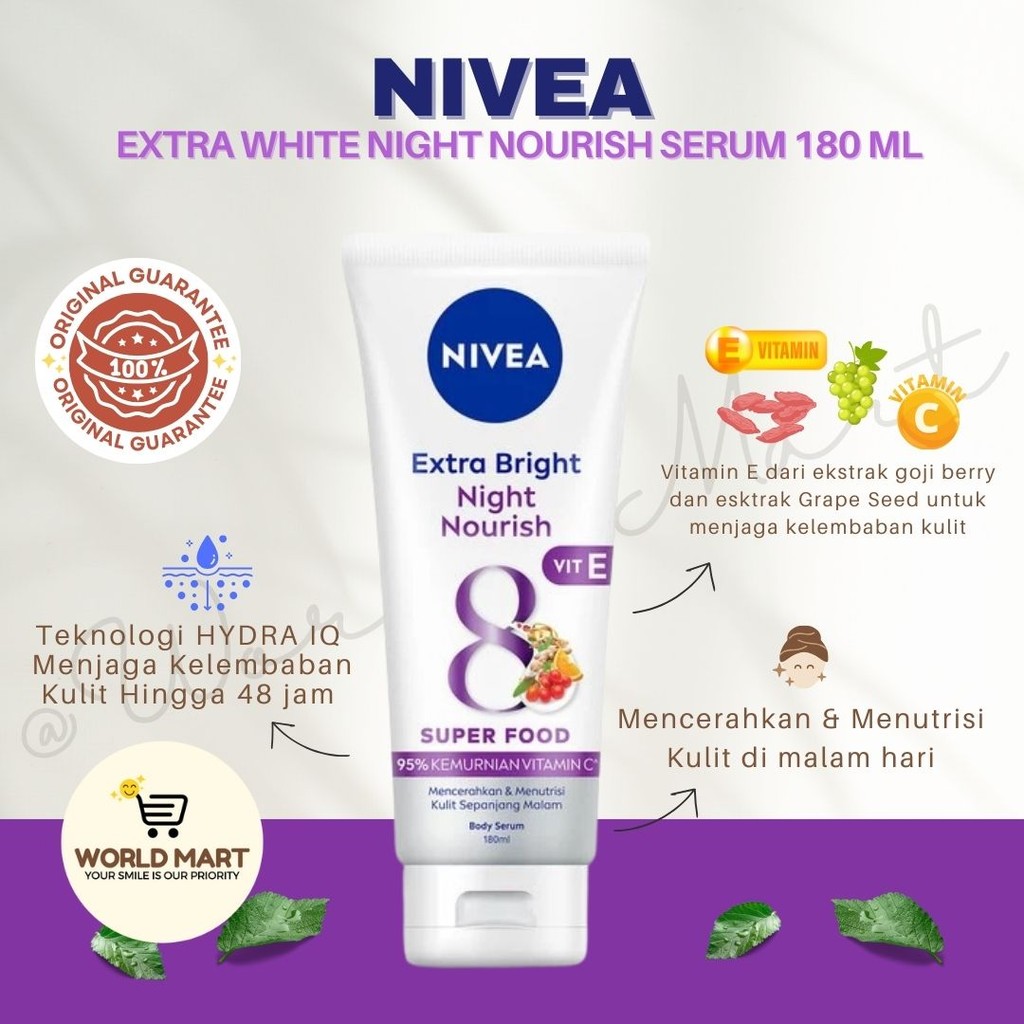 Jual NIVEA Body Serum Extra Bright Night Nourish Vit E 180ml - Merawat ...