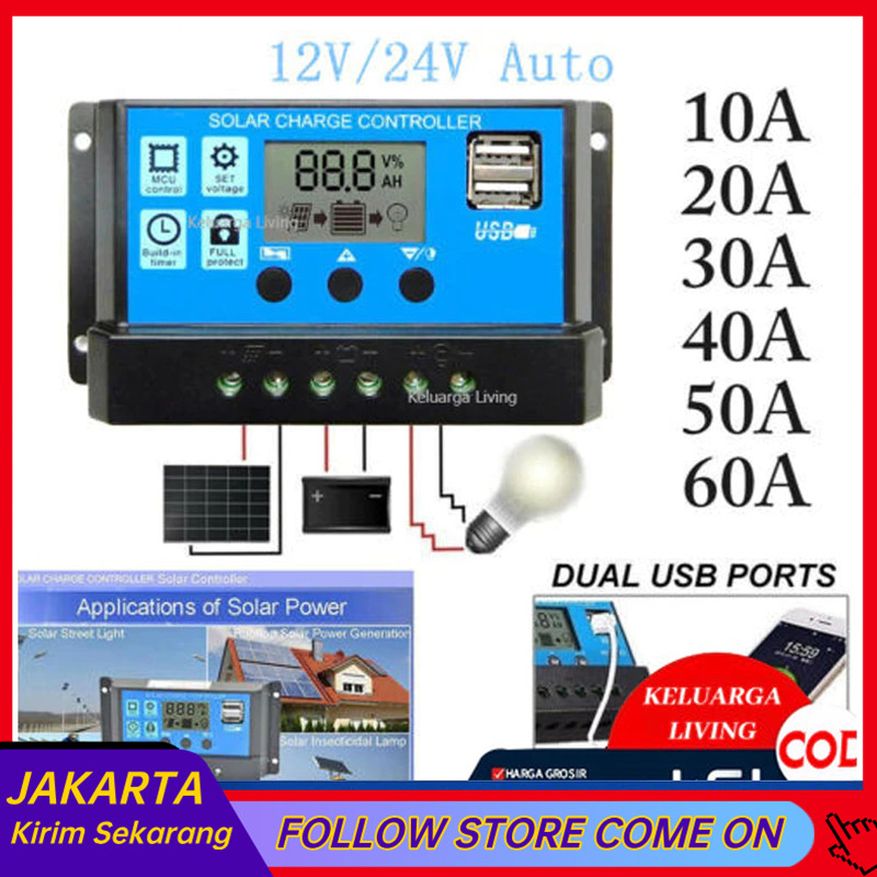 Jual Solar Charge Controller LCD LED Display Solar Cell PWM 12V 24V 10A 20A 30A 50A 60A USB ...