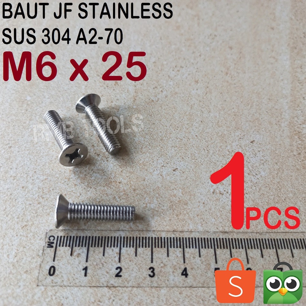 Jual Baut JF M6x25 Stainless Steel 304 Obeng Plus Flat Head Tahan Karat M6 | Shopee Indonesia