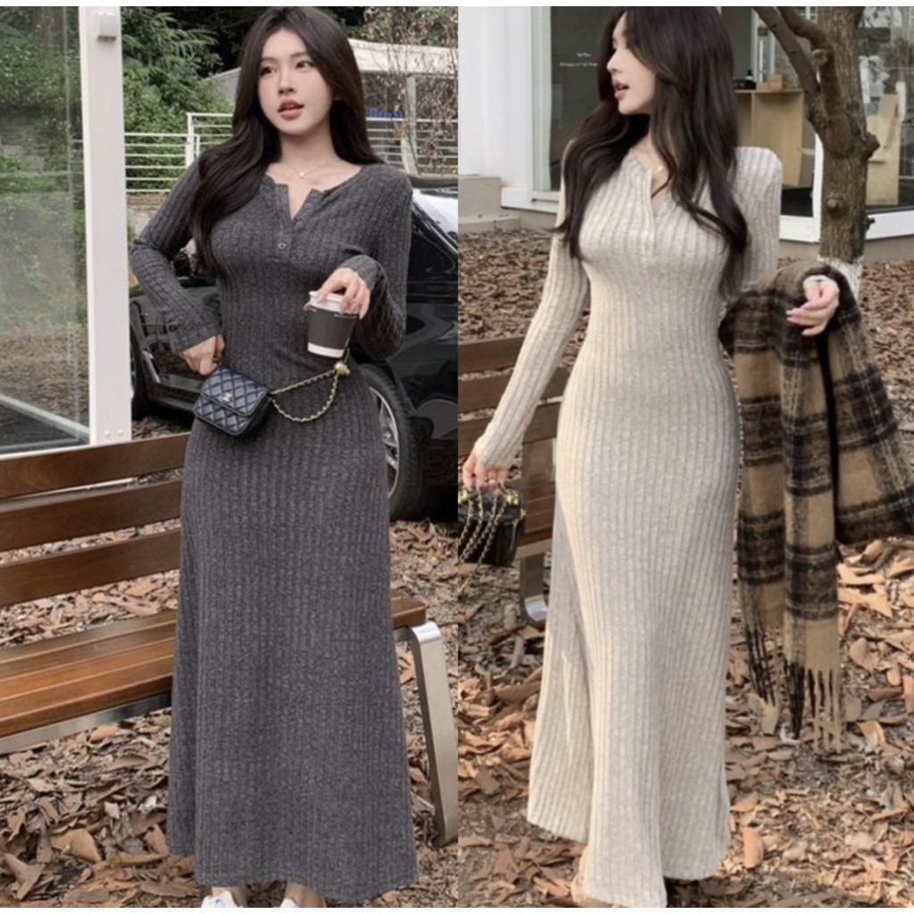 Jual Dress Rajut Casual Long Dress Fit Body Slim Fitting Long Sleeve ...