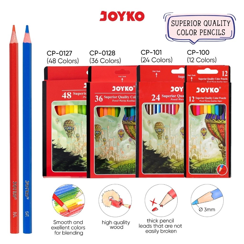 Jual Pensil Warna Joyko Superior Quality Color 12 Warna Panjang - CP-100 | Shopee Indonesia