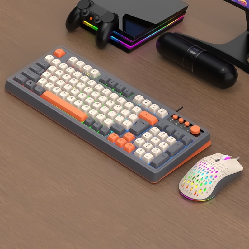 Jual 98key Wire Gaming Keyboard With Argb Effects Ergonomic Keyboard Mouse Comfortable Keycaps
