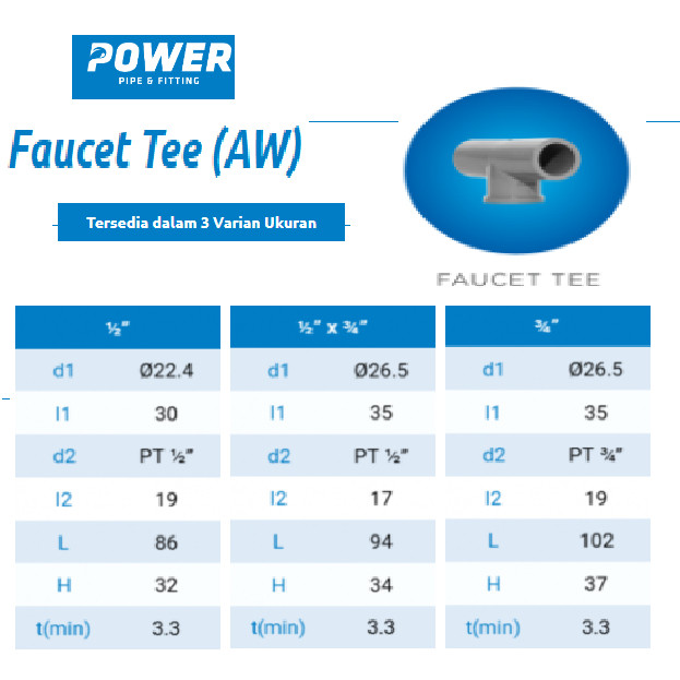 Jual TEE TE DRAT FAUCET TEE PIPA PVC POWER TEBAL (AW) UKURAN 1/2 1/2X3 ...