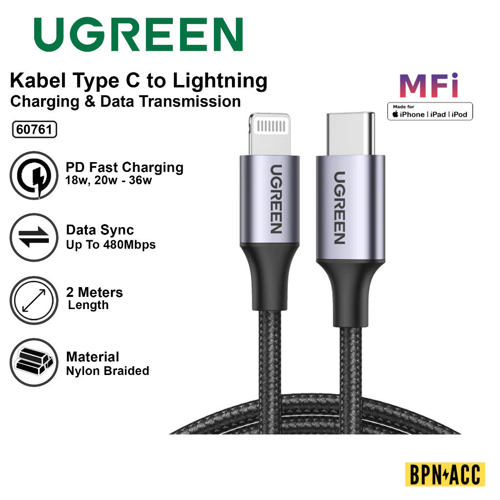 Jual UGREEN Cable MFi USB-C to Lightning Nylon Braided PD Fast Charging - Black 2M / 60761 ...