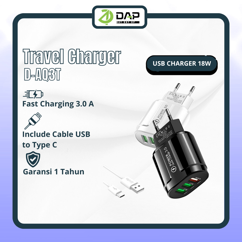 Jual DAP Charger 3 Port PD 18 Watt 3.0A Include Cable USB to Type C ...