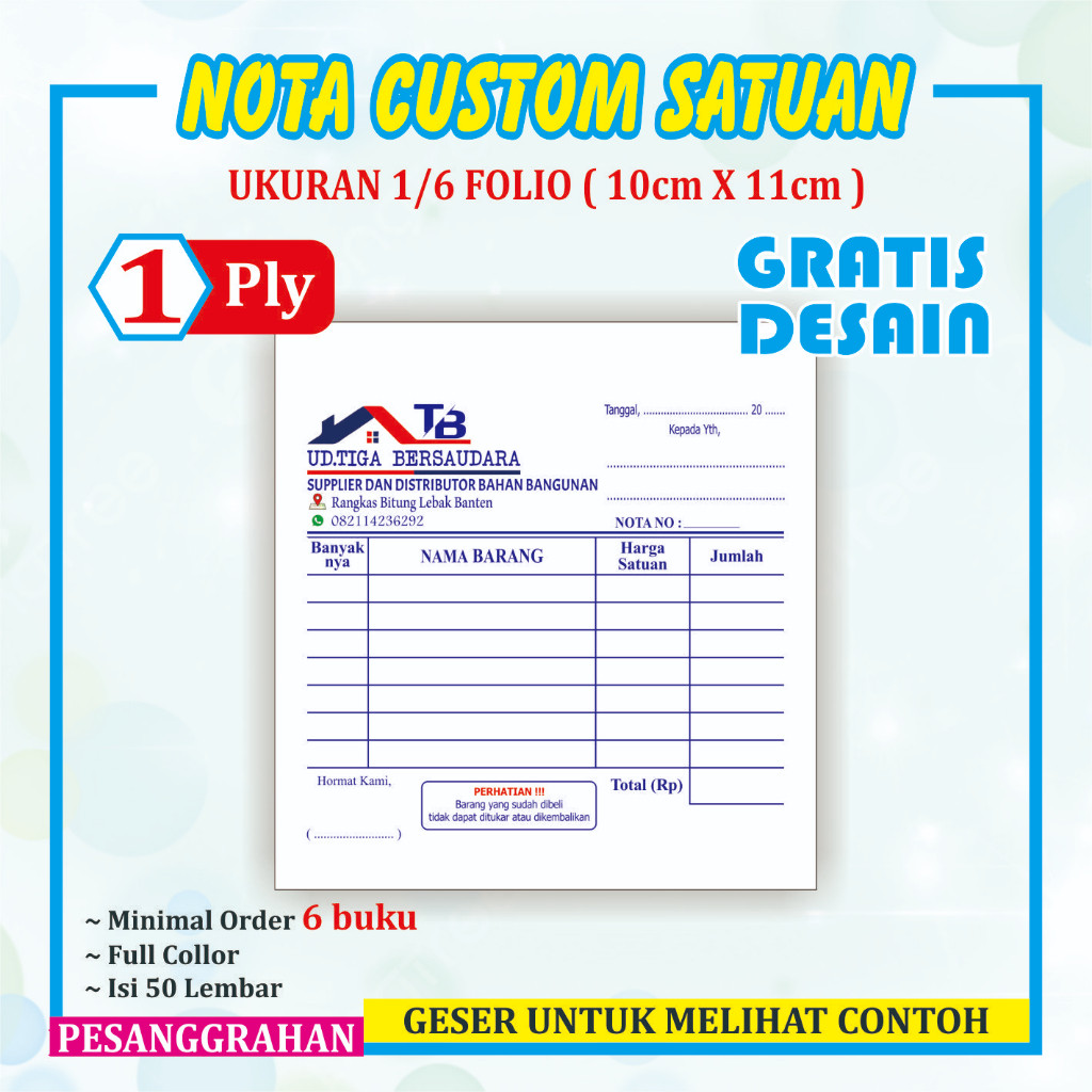 Jual nota 1 ply ukuran kecil 1/6 isi 50 lembar cetak nota custom murah ...