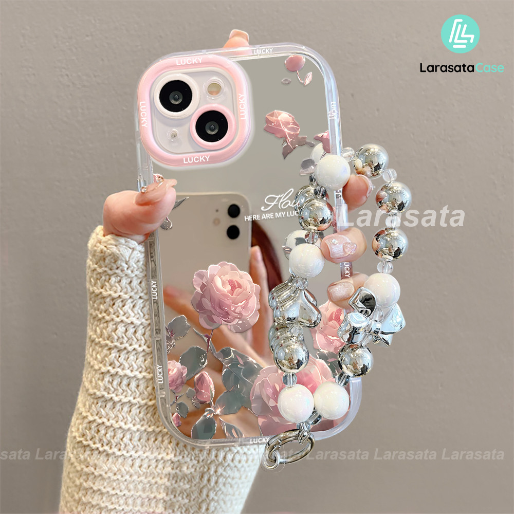Jual Casing ponsel cermin mawar merah muda dengan tali pengikat cover ...