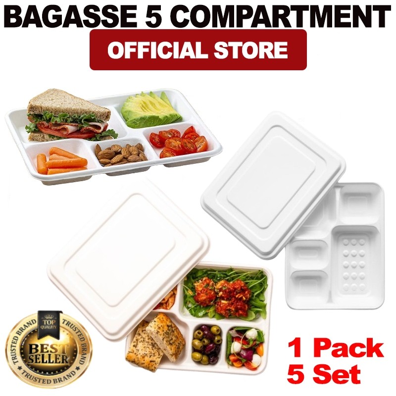 Jual Bagasse Lunch Box 5 compartment + TUTUP Bento Box Sekat 5 Eco Friendly | Shopee Indonesia