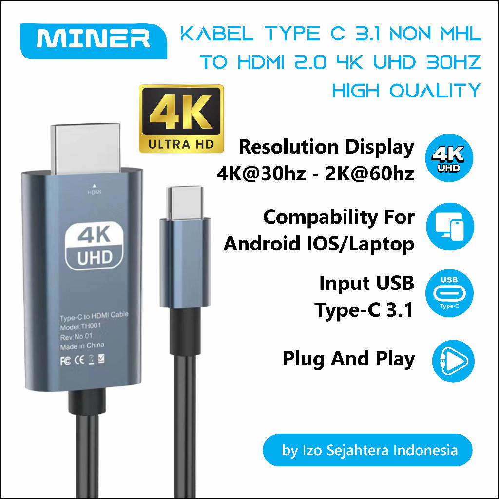 Jual Kabel Type C USB 3.1 To HDMI 2.0 With MHL 30Hz 4K UHD 2 Meter High ...