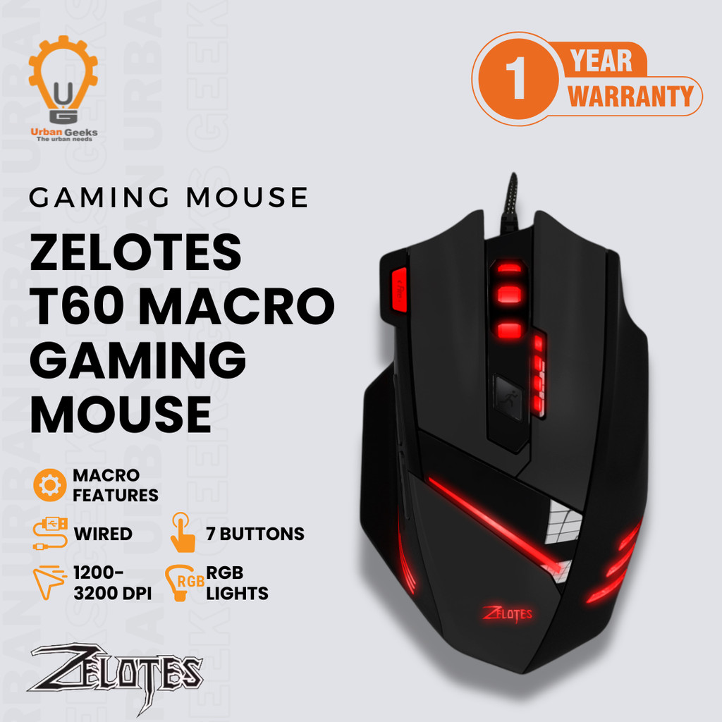 Jual Zelotes T60 Wired Gaming Macro Mouse 7200 DPI Wired USB 7 Buttons ...