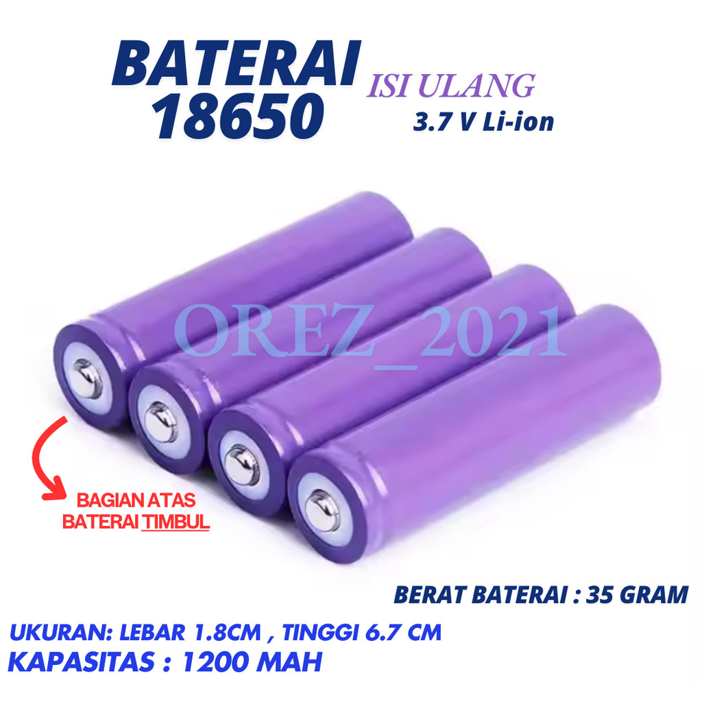 Jual BATERAI 18650 TIMBUL / NONJOL RECHARGEABLE ISI ULANG 1200MAH 3.7V ...