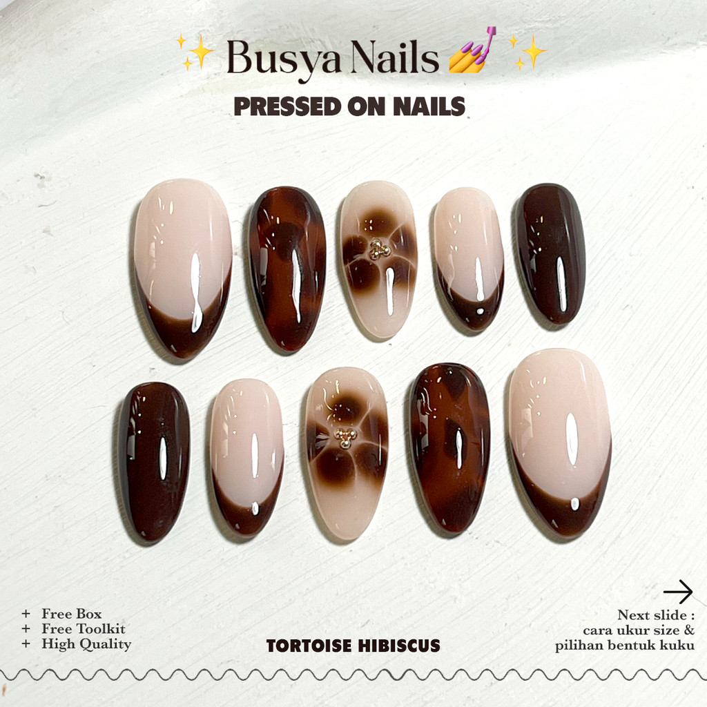 Jual Busya Nails - Tortoise Hibiscus Flowers Brown Pressed On Nails Gel ...
