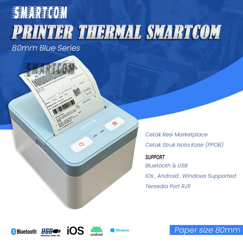 Jual SMARTCOM - 80mm Printer Bluetooth + USB Thermal Blue Color Kertas ...