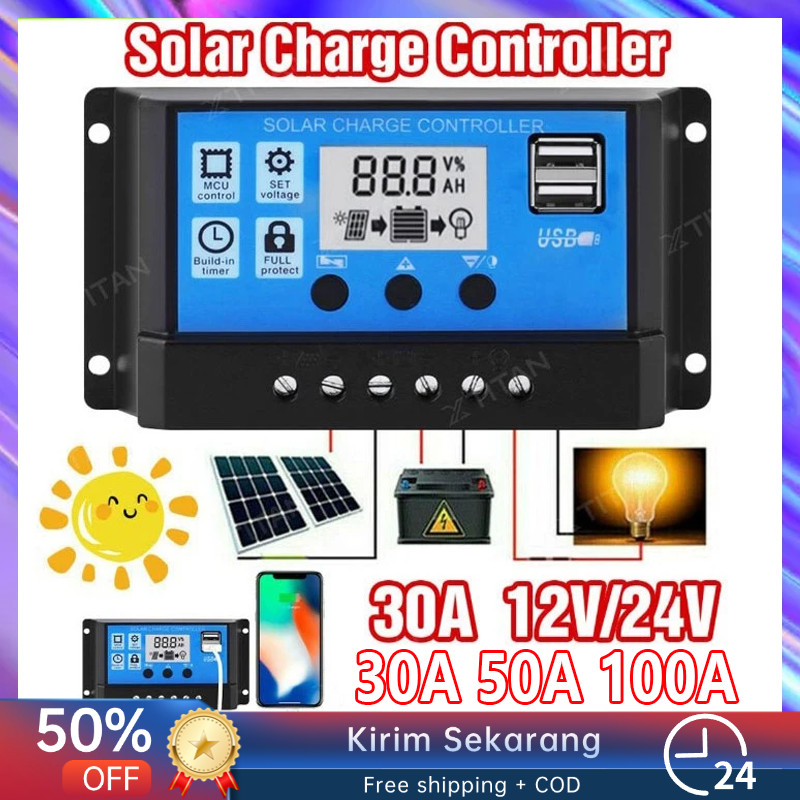 Jual Solar Charge Controller LCD LED Display Solar PWM 30A 50A 60A 100A USB Panel Surya Charge ...