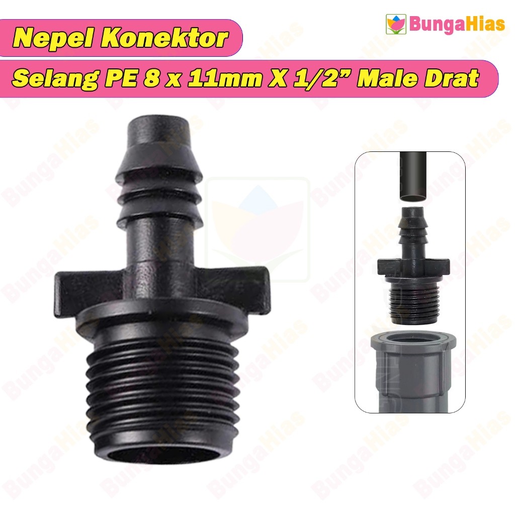 Jual Konektor Selang PE 8 x 11 mm ( 5/16 ) Ke 1/2 Inch Male Drat Nepel ...