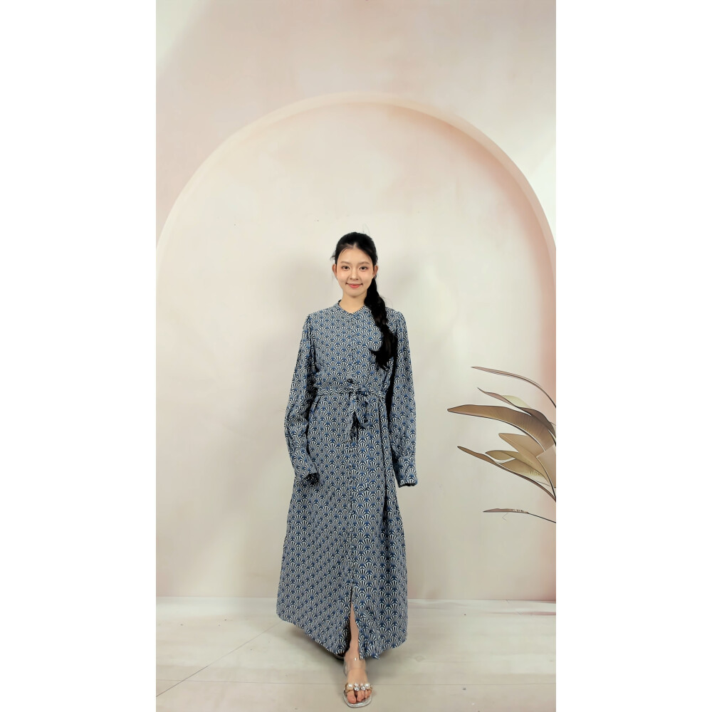 Jual FADFAD Gaun Panjang Motif Garis-garis Biru Dicetak Bunga Lengan ...