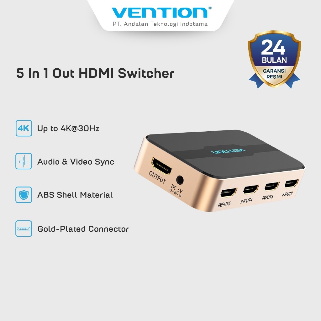 Jual Vention HDMI Switcher 5 in 1 Output 4K ULTRA HD IR Remote Switch ...