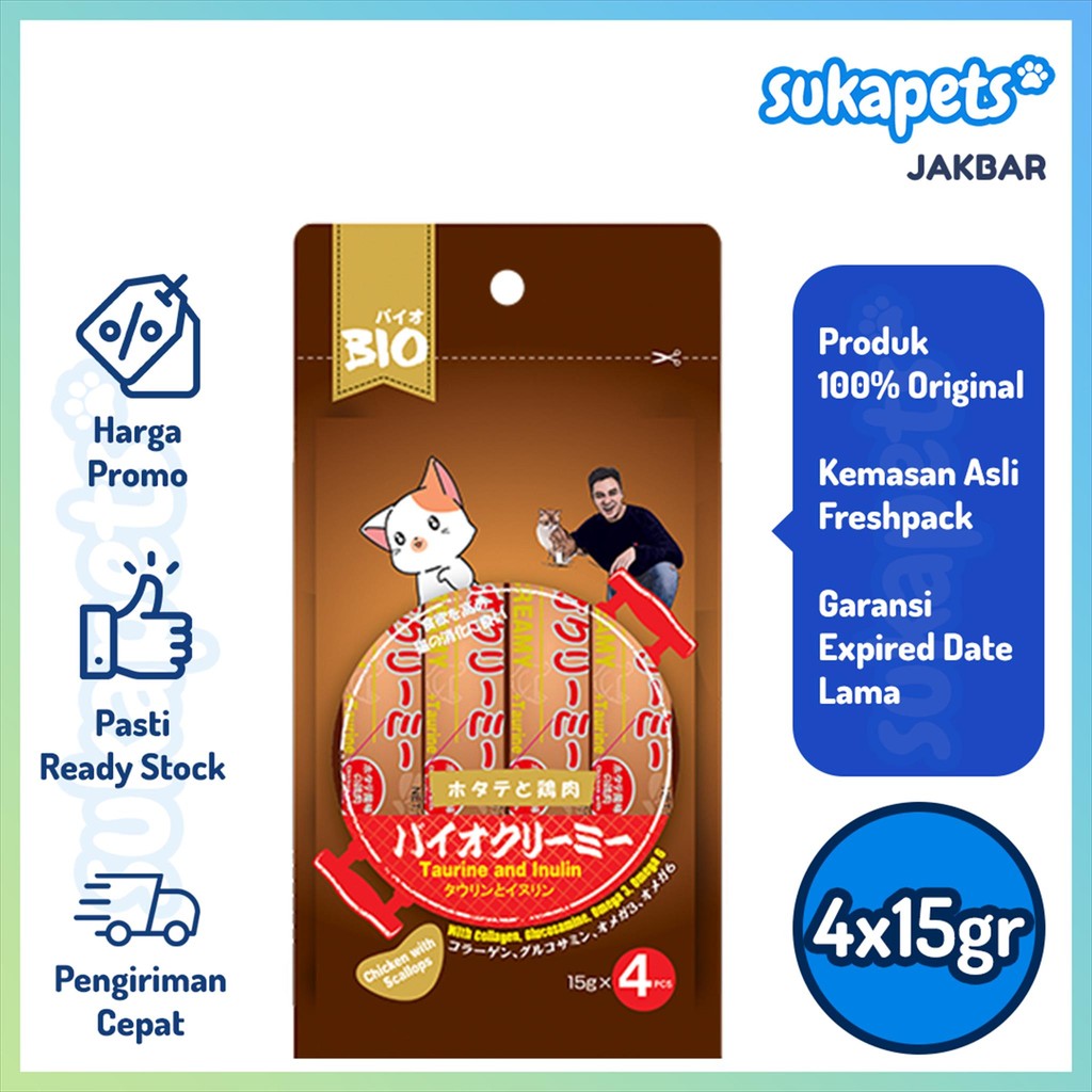 Jual Bio Creamy Snack Kucing Liquid Chicken With Scallop 4x15gr ...