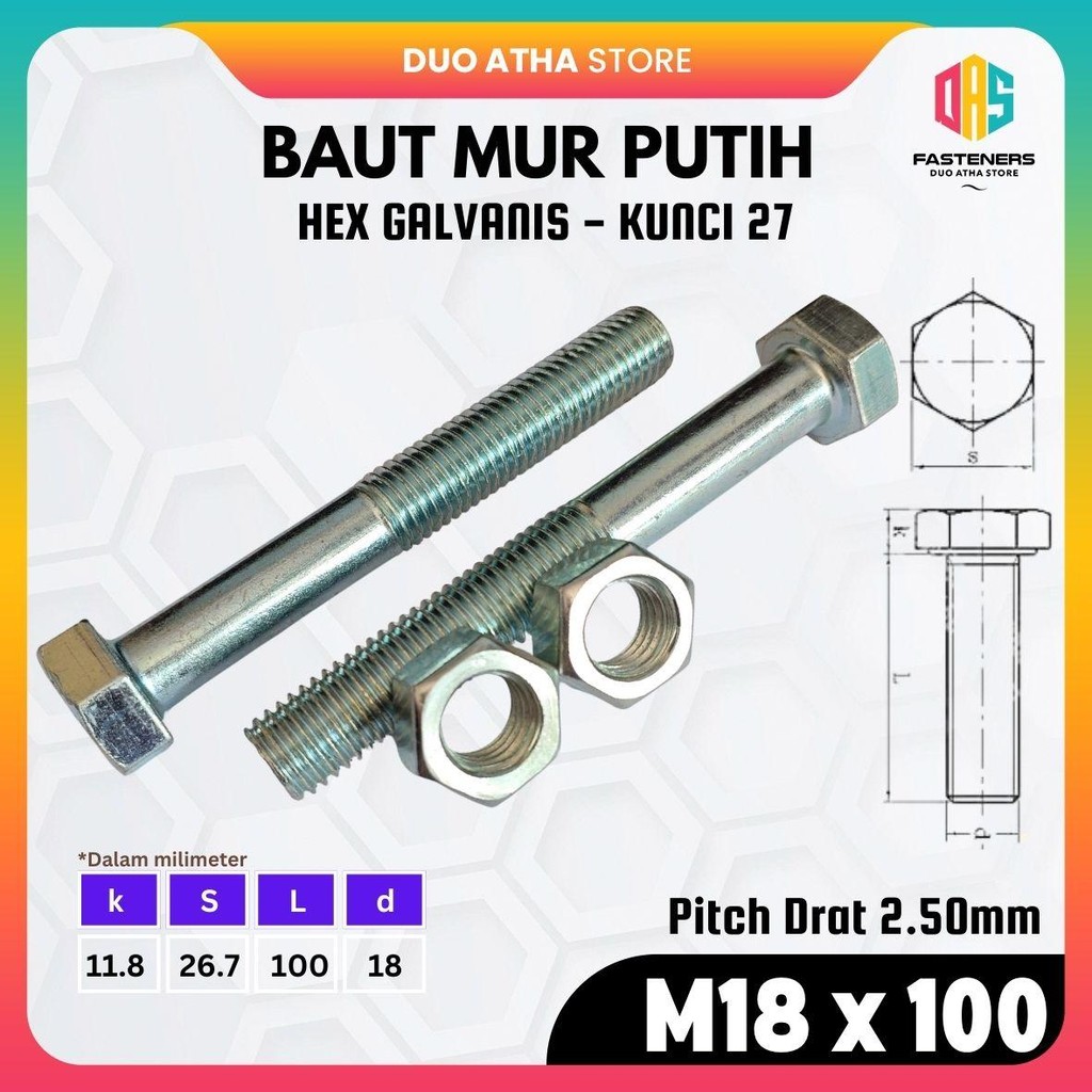 Jual BMP M18x100 / Baut Mur Putih M18 x 100 / Baut Mur Hex Putih M18 x ...