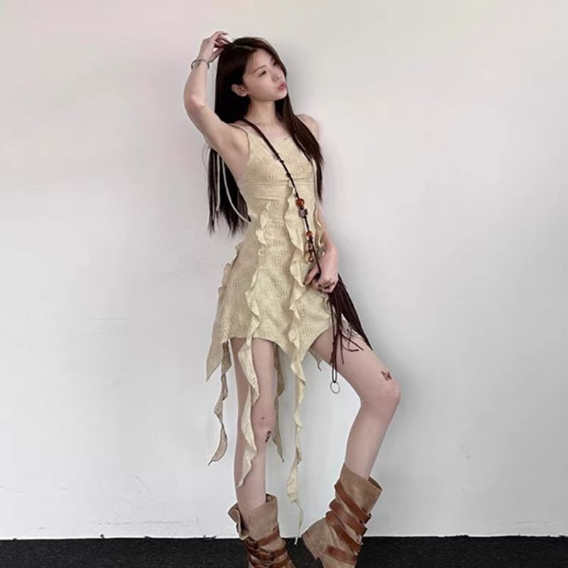 Jual Ruffle daun tepi bretel tidak teratur gaun wanita musim panas ...