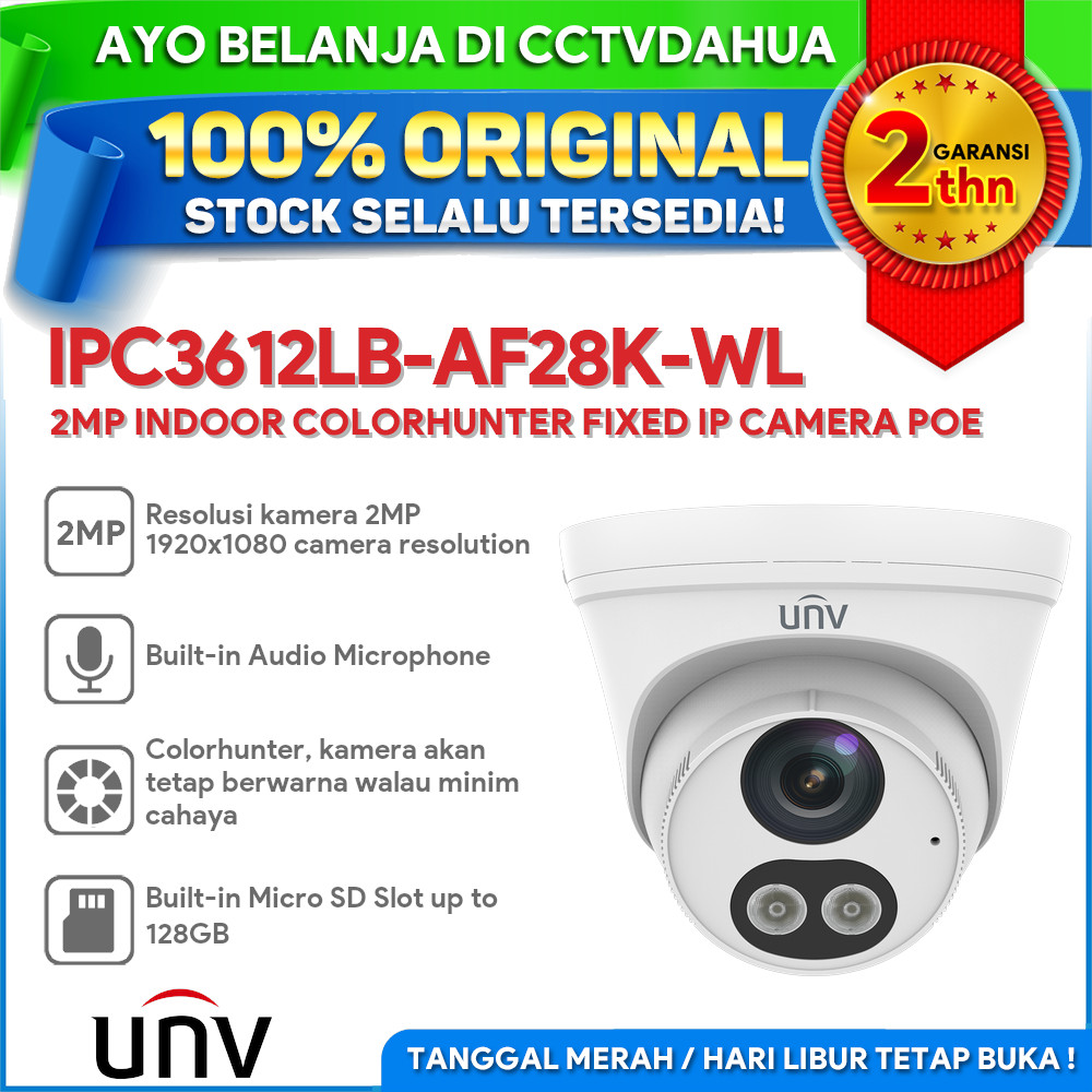 Jual UNV IPC3612LB-AF28K-WL 2MP INDOOR COLORHUNTER FIXED IP CAMERA POE | Shopee Indonesia