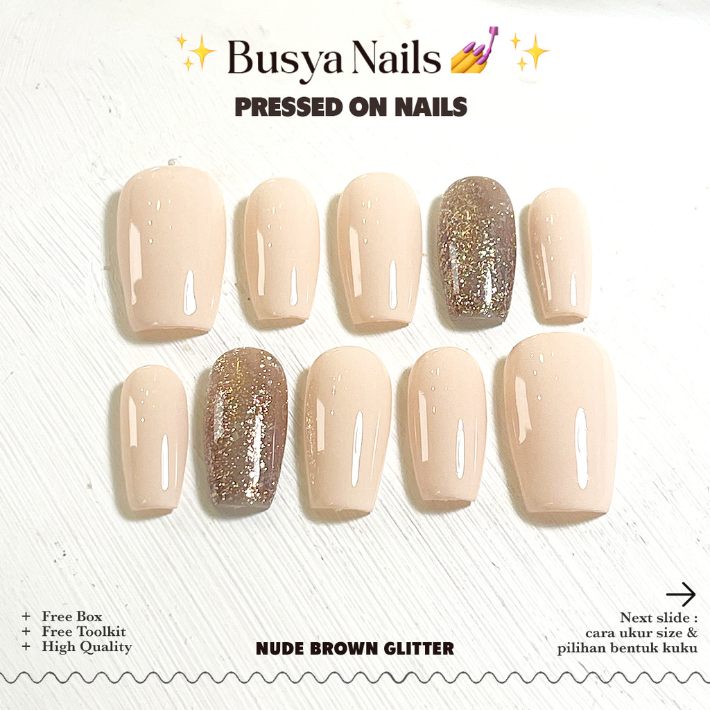 Jual Busya Nails - Nude and Brown Glitter Pressed On Nails Gel Free ...