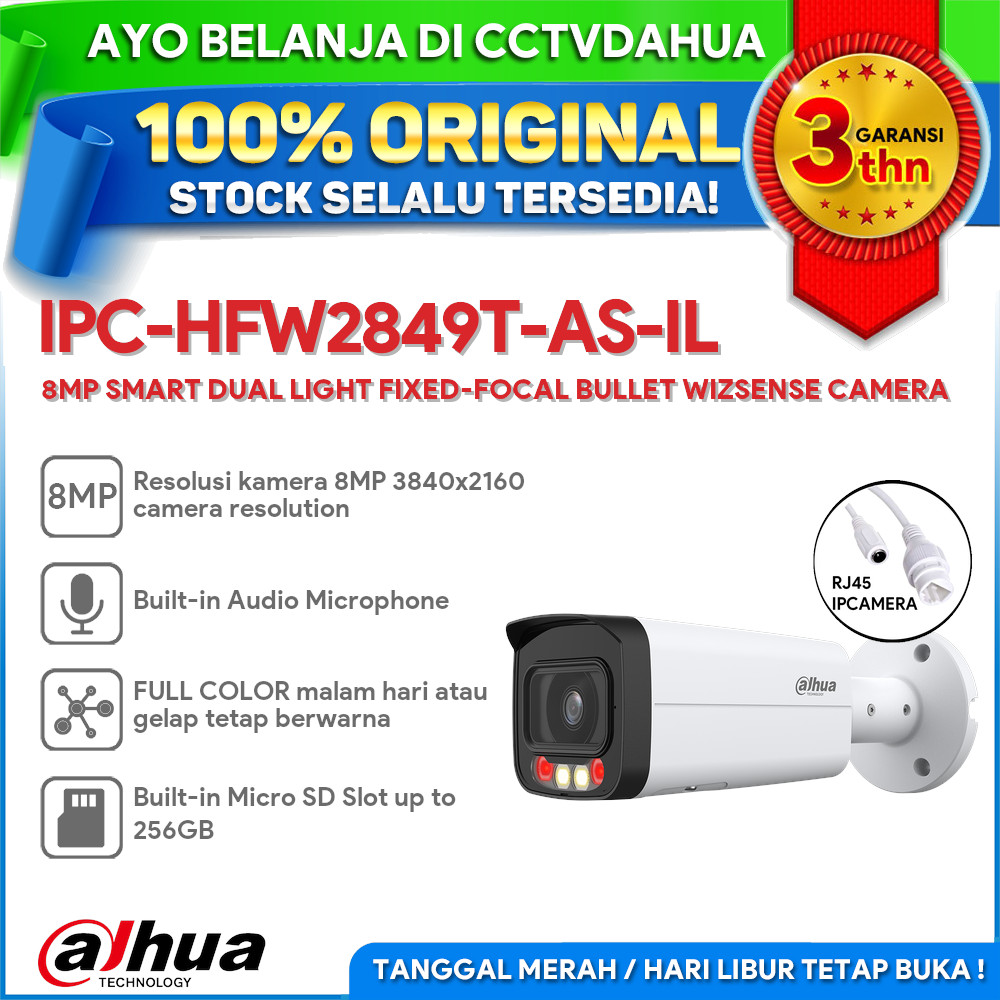 Jual DAHUA IPC-HFW2849T-AS-IL 8MP SMART DUAL LIGHT FIXED-FOCAL BULLET WIZSENSE NETWORK CAMERA ...