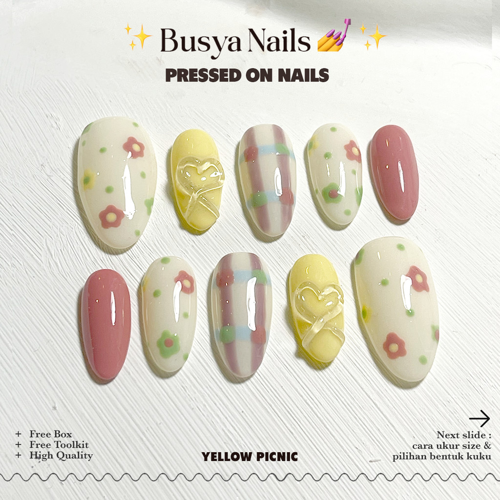 Jual Busya Nails - Yellow Picnic Spring Flowers Pressed On Nails Gel ...