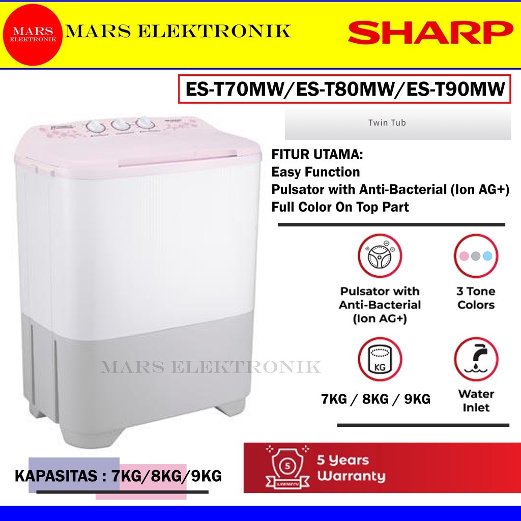 Jual MESIN CUCI SHARP ES-T70MW / ES-T80MW / EST-90MW - 7KG - 8KG - 9KG ...