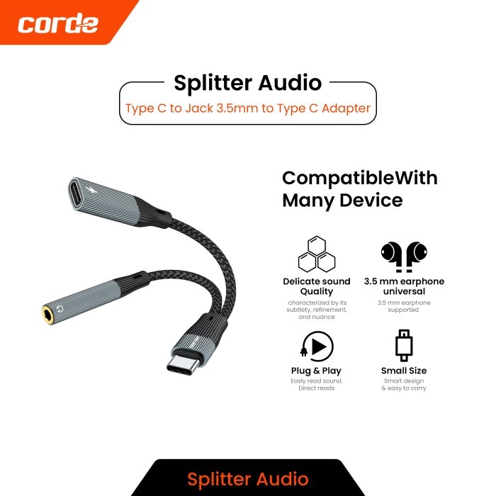 Jual CORDE Type C Audio Splitter & 60W Charger: Type C to AUX 3.5mm ...