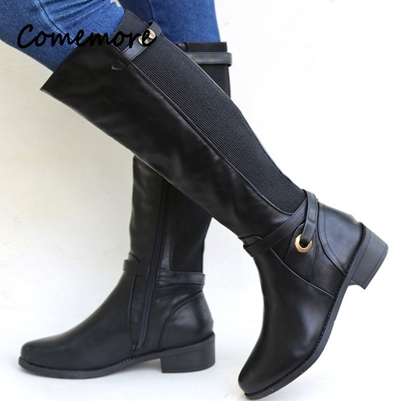Jual Comemore Women's Buckle Long Knight Boots Female Combat Boots ...