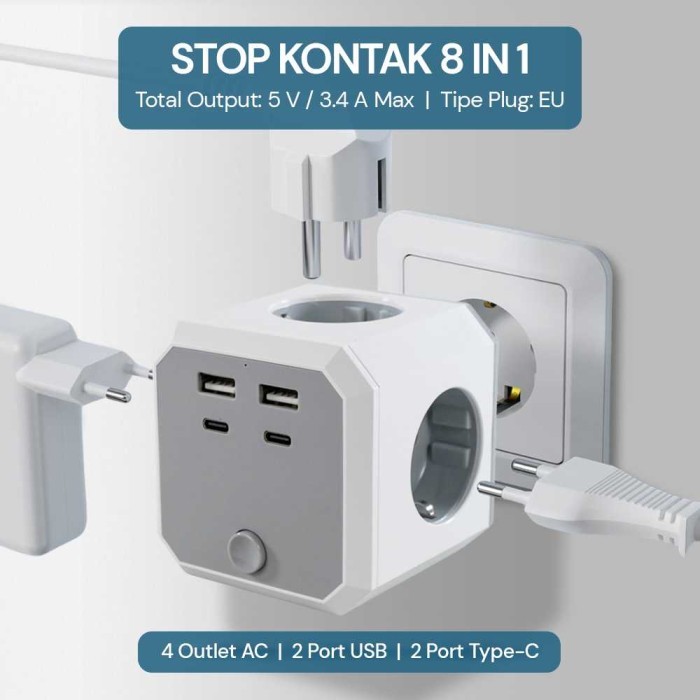 Jual Stop Kontak 8 in 1 USB Type C Port Cube Wall Socket Extension ...