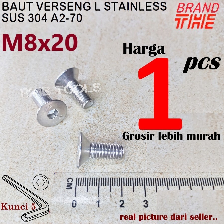 Jual M8x20 Baut JF Kunci L Stainless SS 304 A2-70 Verseng Countersunk M8 | Shopee Indonesia