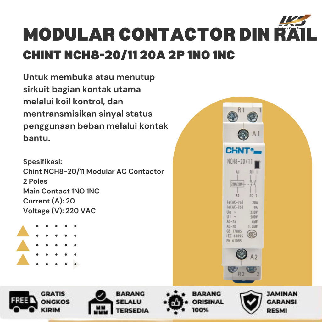 Jual CHINT Modular Contactor Din Rail NCH8-20/11 20A 2P 1NO 1NC ...