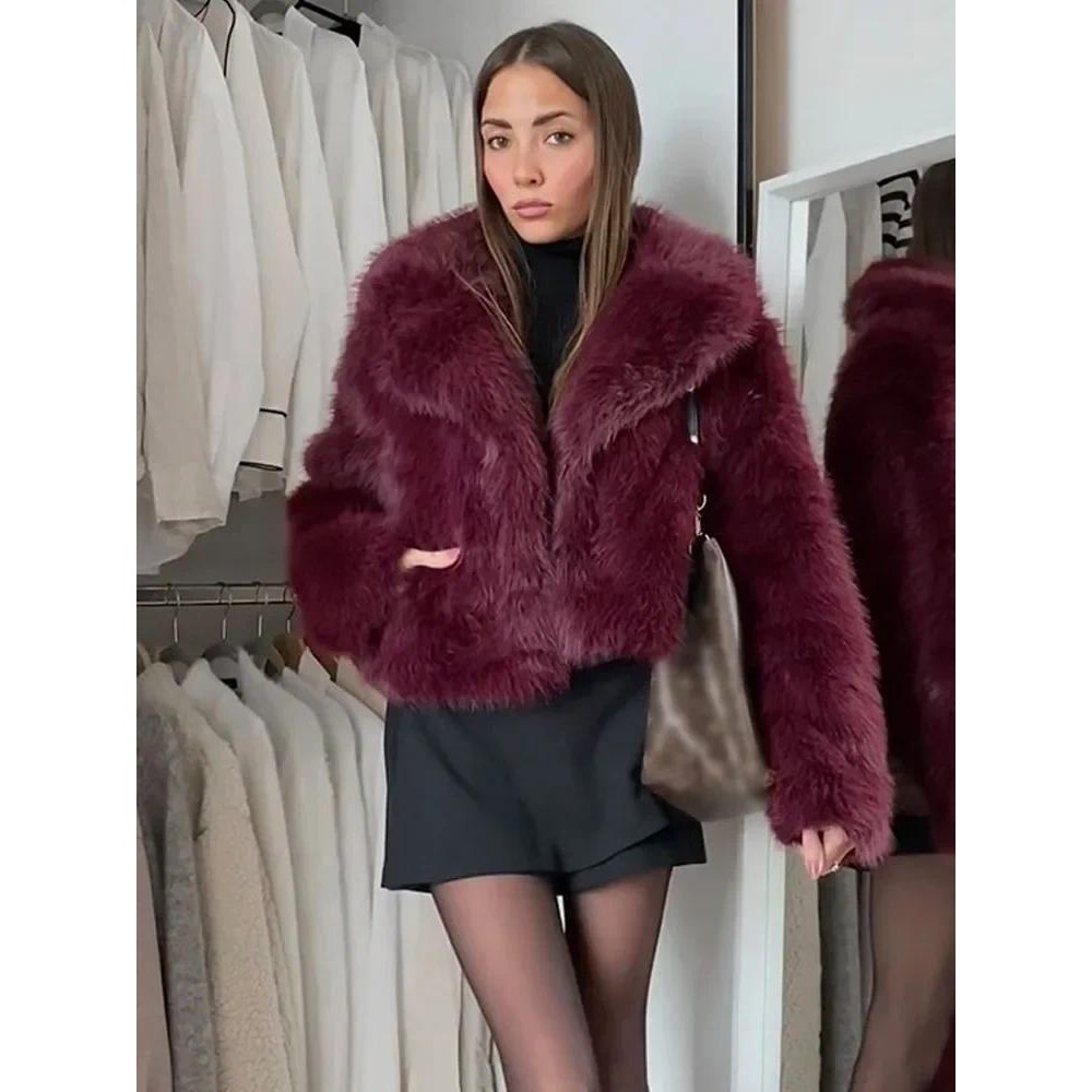 Jual Wine Red Fluffy Faux Fur Short Coat Women Elegant Full Sleeve Warm ...