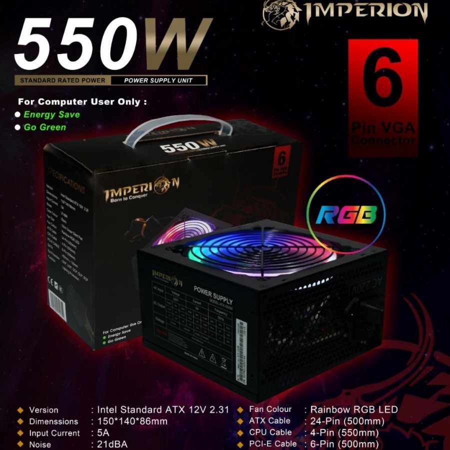 Jual Imperion 550w LED RGB 6 PIN Power Supply Gaming PSU ATX 550 WaTT ...