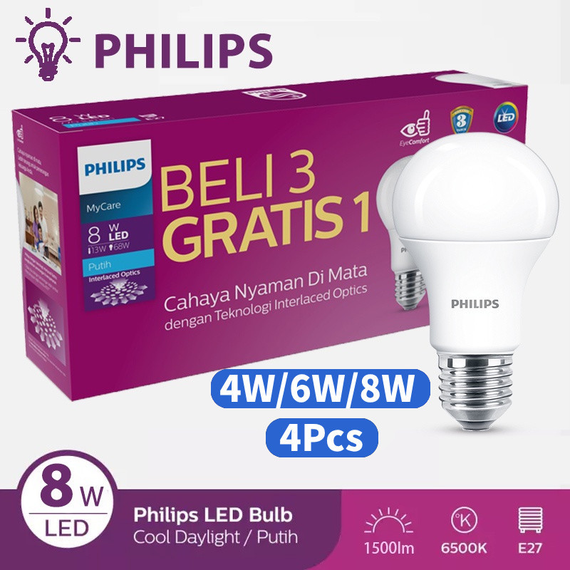 Jual Lampu Philips Lampu LED Philips 4W 6W 8W Watt BELI 3 GRATIS 1 Multipack Lampu ledrumah Led ...
