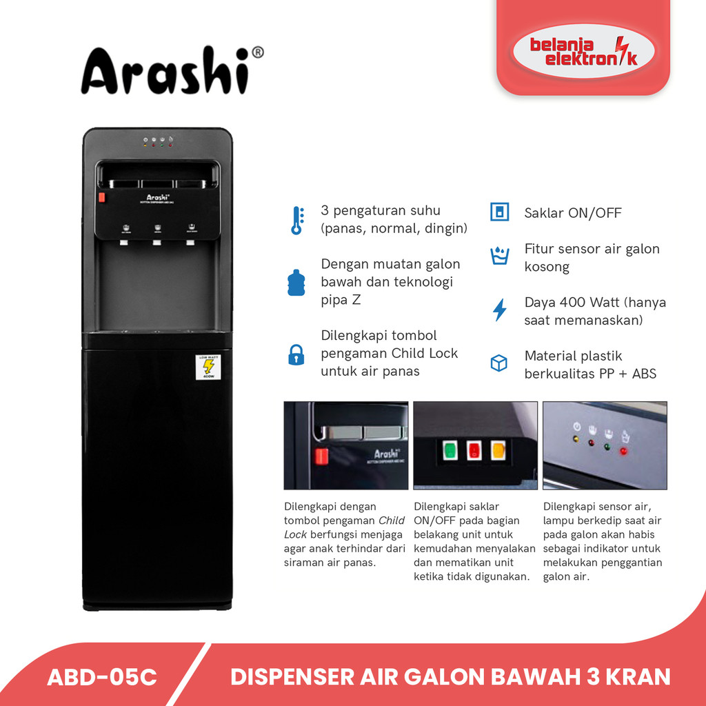 Jual ARASHI DISPENSER AIR GALON BAWAH 3 KRAN PANAS NORMAL DINGIN ABD ...