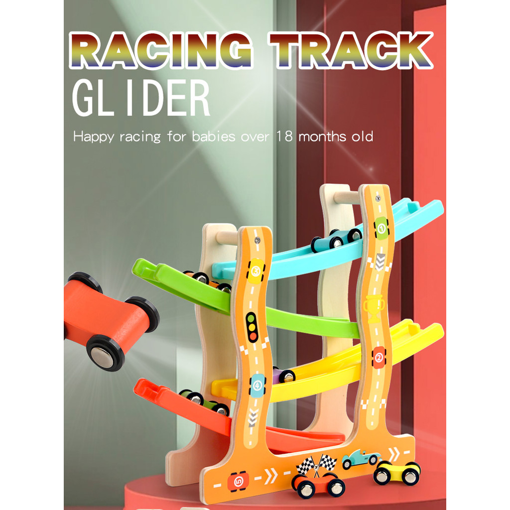 Jual Track Wooden Ramp Racing Toddler Toy Car Set Montessori ...