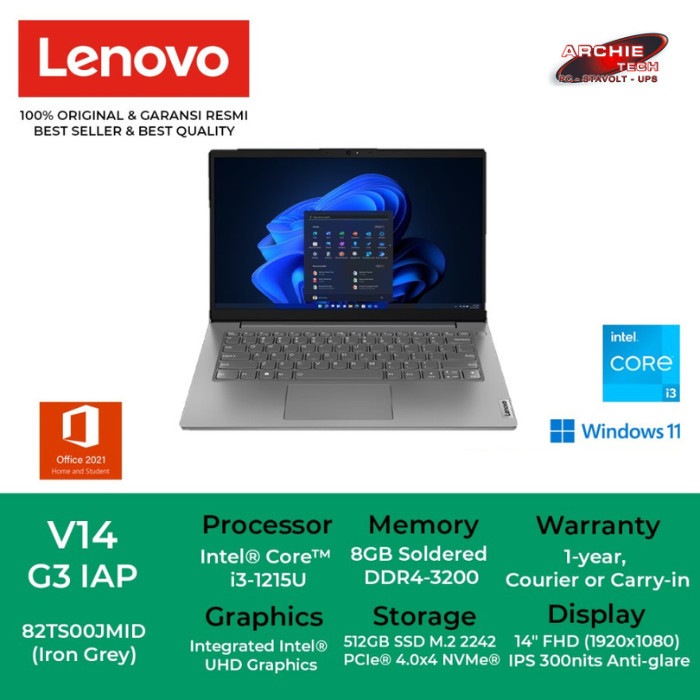 Jual LENOVO V14 G3 IAP 82TS00JMID Core i3 1215U 8GB 512GB SSD W11 OHS Grey | Shopee Indonesia