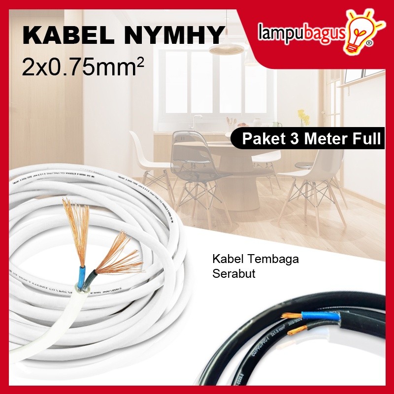 Jual Kabel Listrik Tembaga Serabut / Kabel NYMHY 2x0.75mm 3 Meter Kabel SNI | Shopee Indonesia