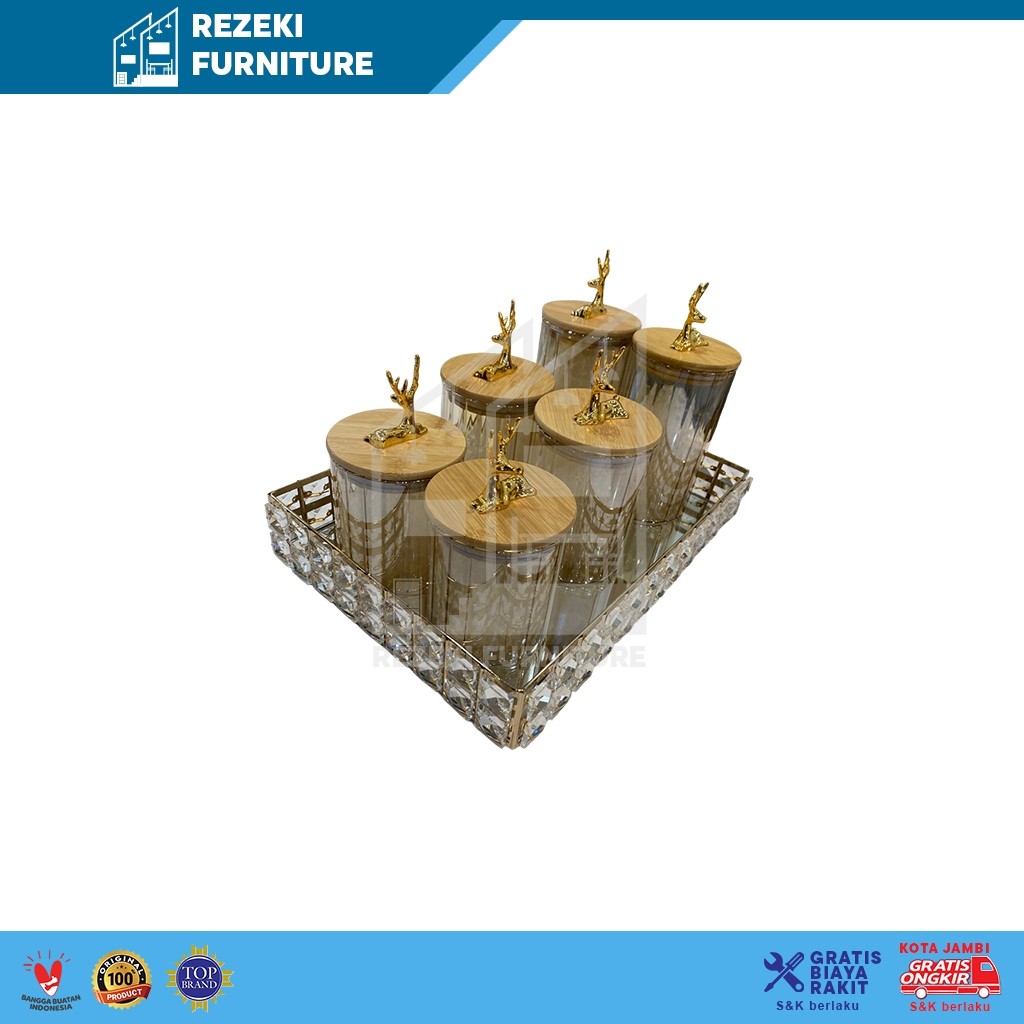 Jual Set Toples Kaca Gold Pakai Tray Motif Garis Lurus dan Tutup Kayu ...