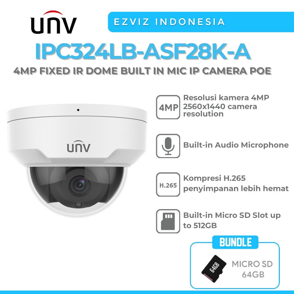 Jual UNV IPC324LB-ASF28K-A 4MP FIXED IR DOME BUILT IN MIC IP CAMERA POE FREE MICRO SD 64GB ...