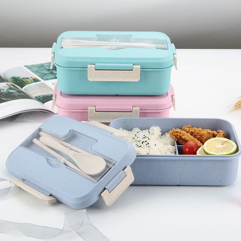 Jual kotak makan set Lunch Box Set Kotak Bekal Makan Jerami Gandum Tempat Makan Anti Tumpah Free ...