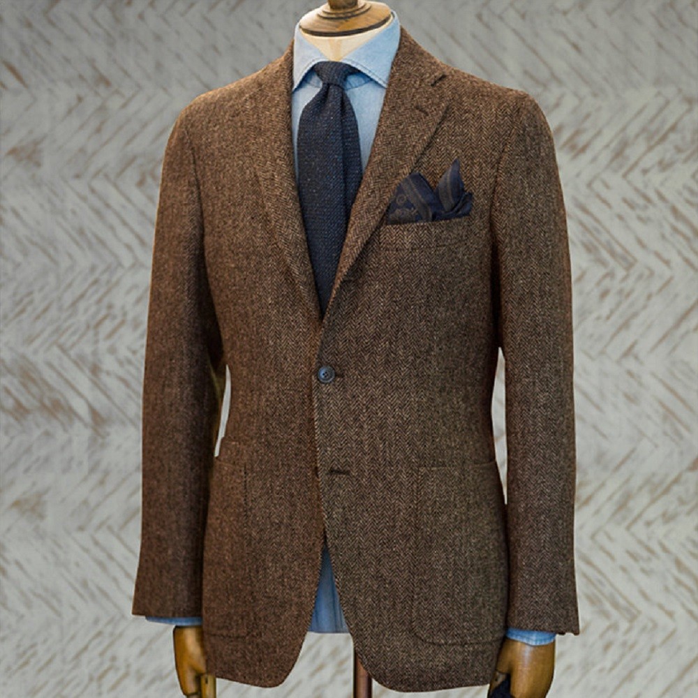 Jual Men's Suit Brown Blazer Prom Tuxedos Herringbone Wool Tweed Single ...