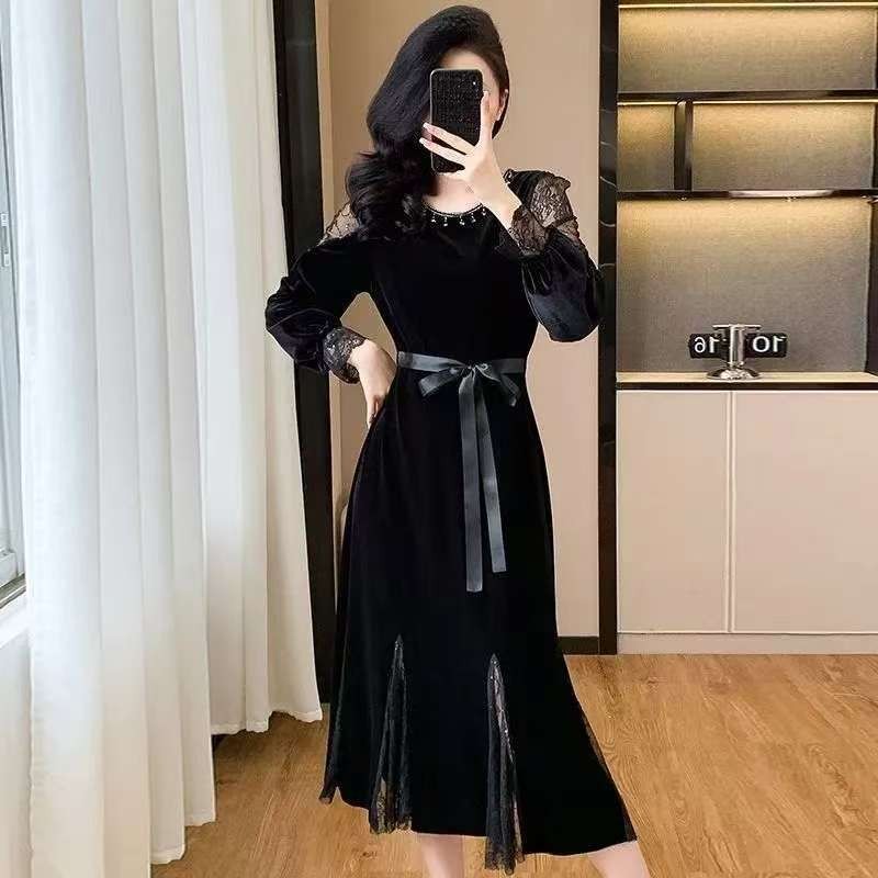 Jual FAN Gaun pesta korea elegan gaun hitam lengan panjang gaun malam ...