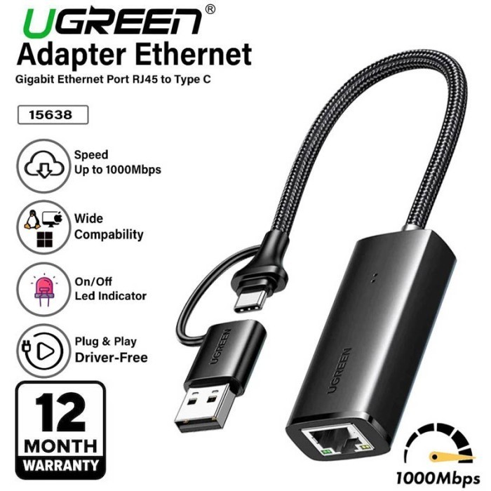 Jual UGREEN Ethernet Adapter USB A + C 1000Mbps PN 15638 USB Type-C To ...